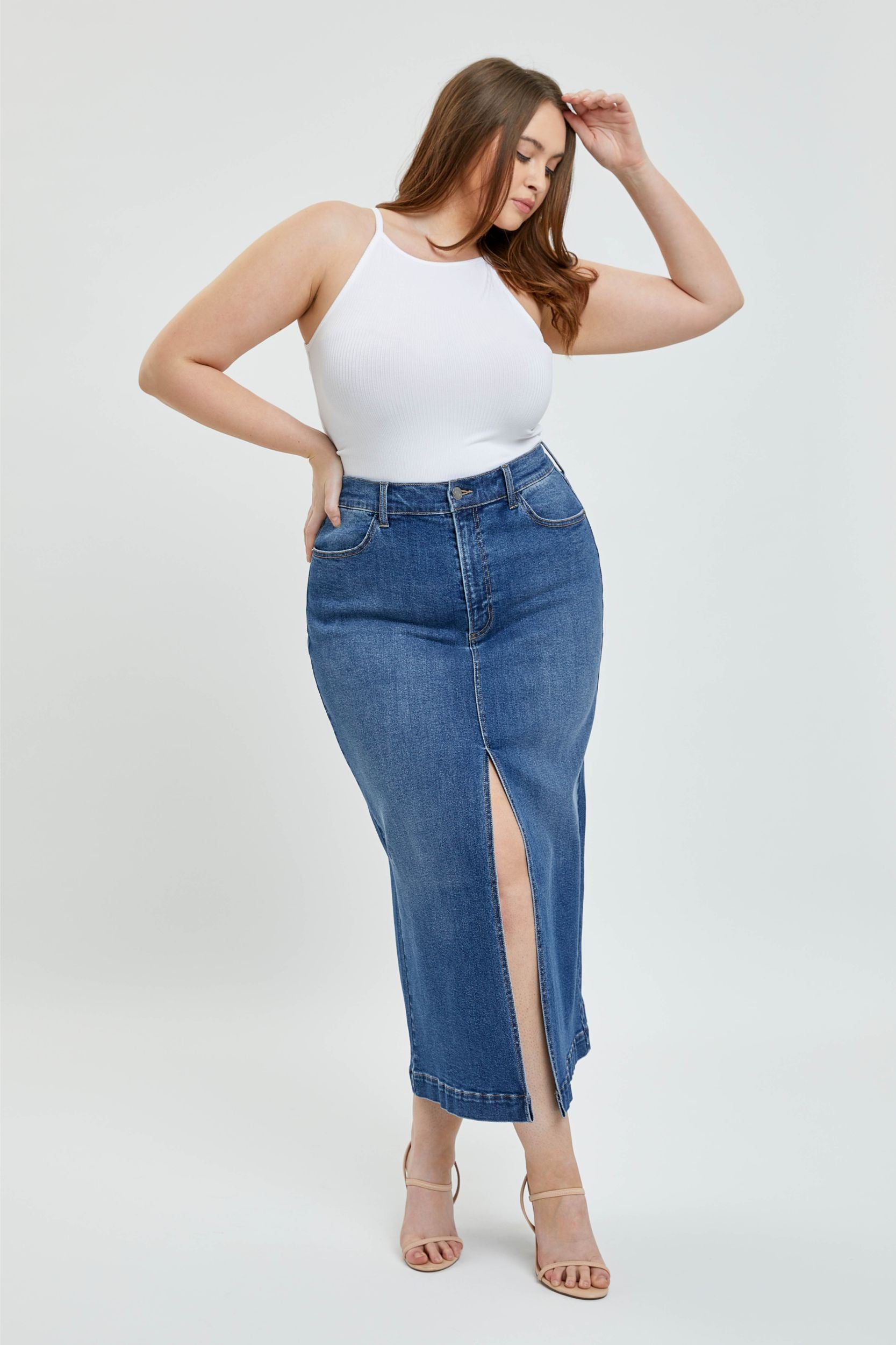 Jupe en jean avec fente frontale - 100% extensible – Mademoiselle Curvy